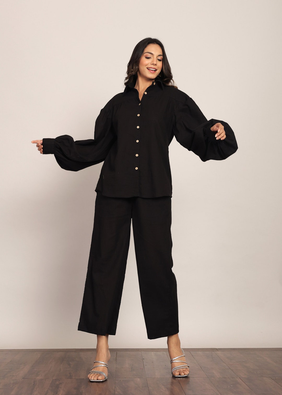 Black Solid Summer Co-ord Set, Relaxed Full Sleeves Shirt | Formal Two Piece Set, Linen Summer ...