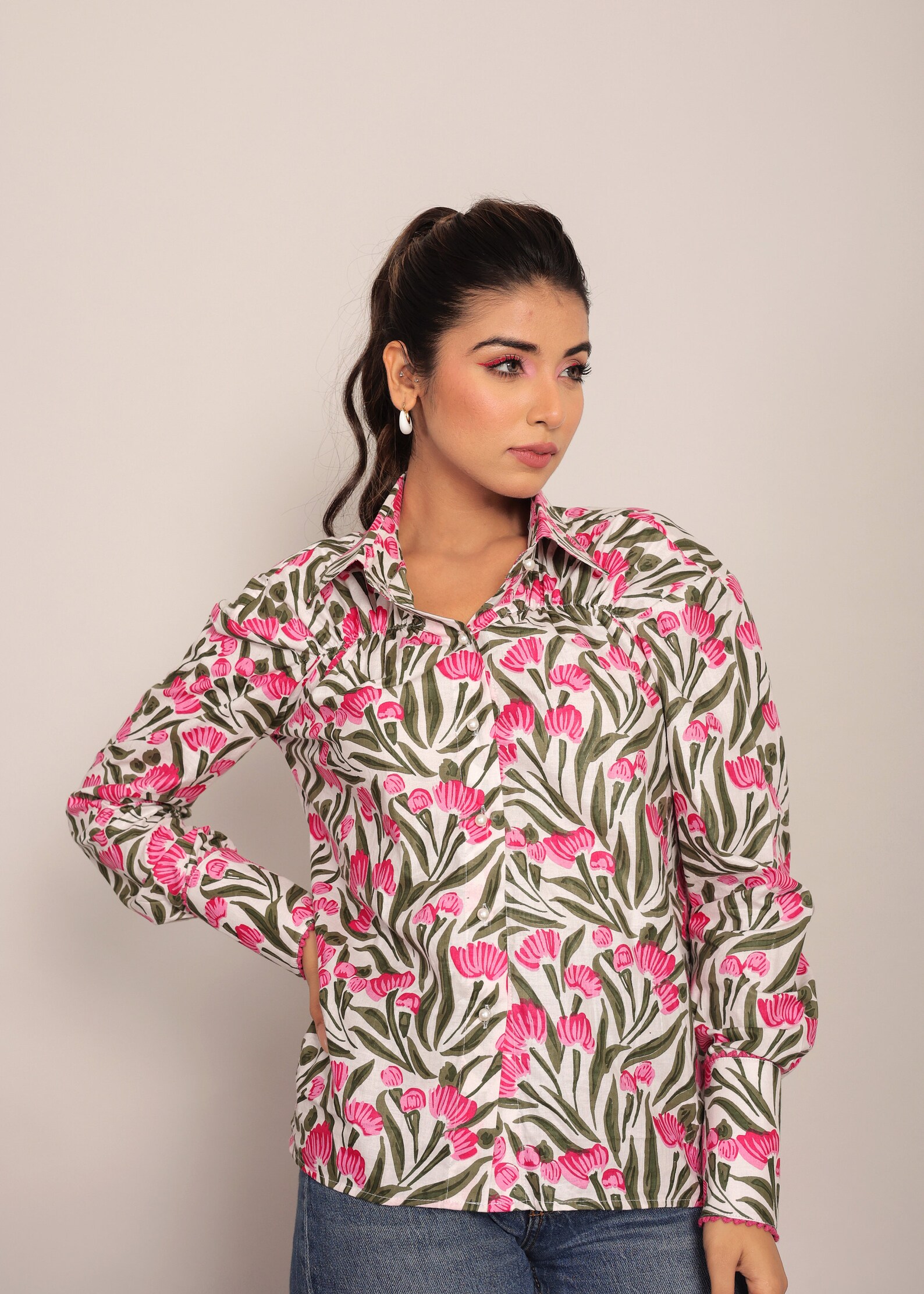Multicolor Floral Collared Shirt Women's Casual Summer Linen Shirt Long ...
