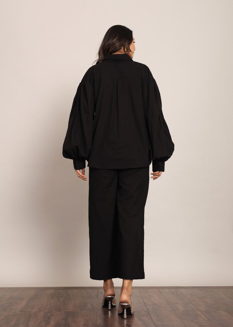 Black Solid Summer Co-ord Set, Relaxed Full Sleeves Shirt | Formal Two Piece Set, Linen Summer ...