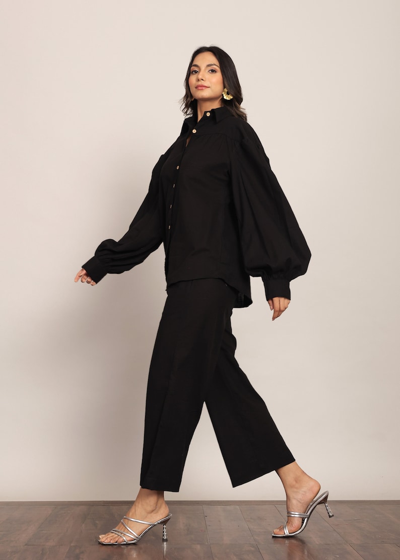 Black Solid Summer Co-ord Set, Relaxed Full Sleeves Shirt | Formal Two Piece Set, Linen Summer ...