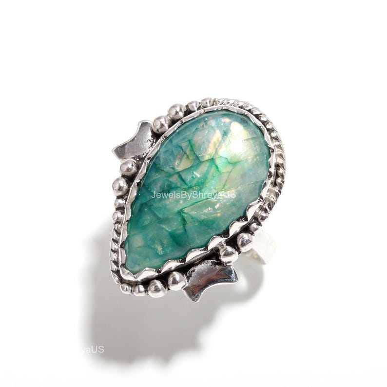 Green Rainbow Moonstone Ring, 925 Solid Sterling Silver Ring, Statement ...
