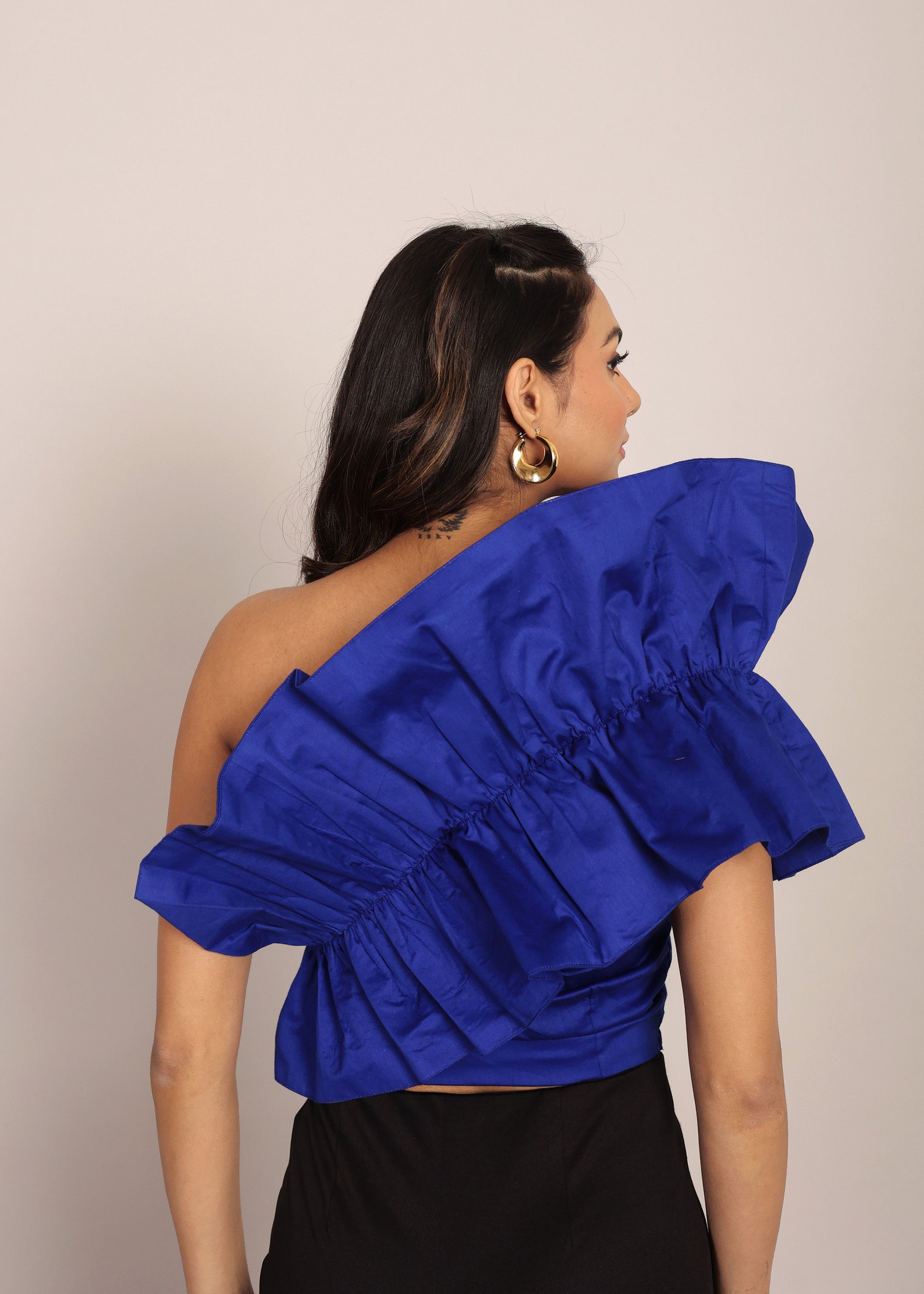 Solid Blue One Shoulder off Crop Top | Casual Sleeveless Fluffy Crop ...