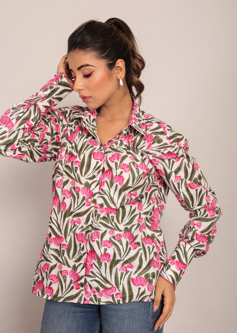 Multicolor Floral Collared Shirt Women's Casual Summer Linen Shirt Long ...