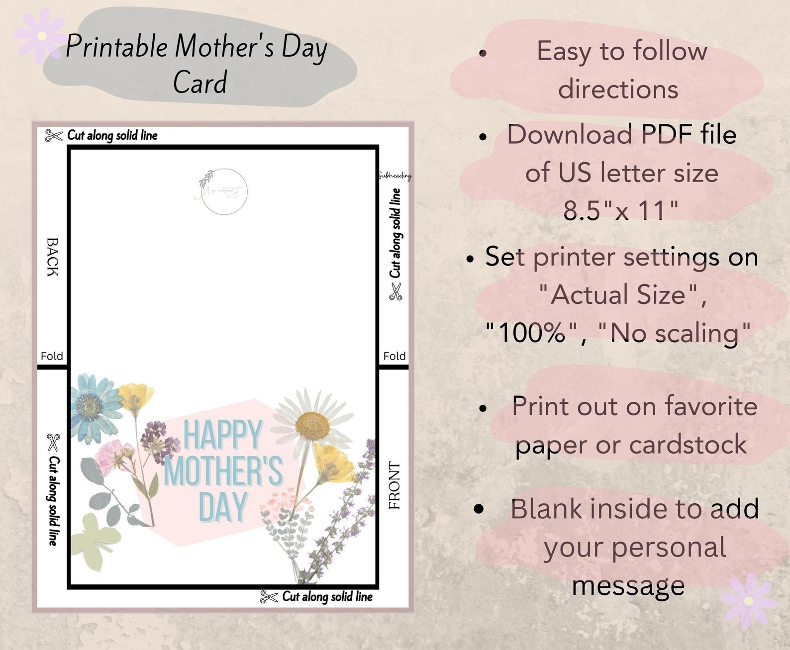 Printable Mother's Day Card, Instant Download 7x5 Inch Cards for Mother ...
