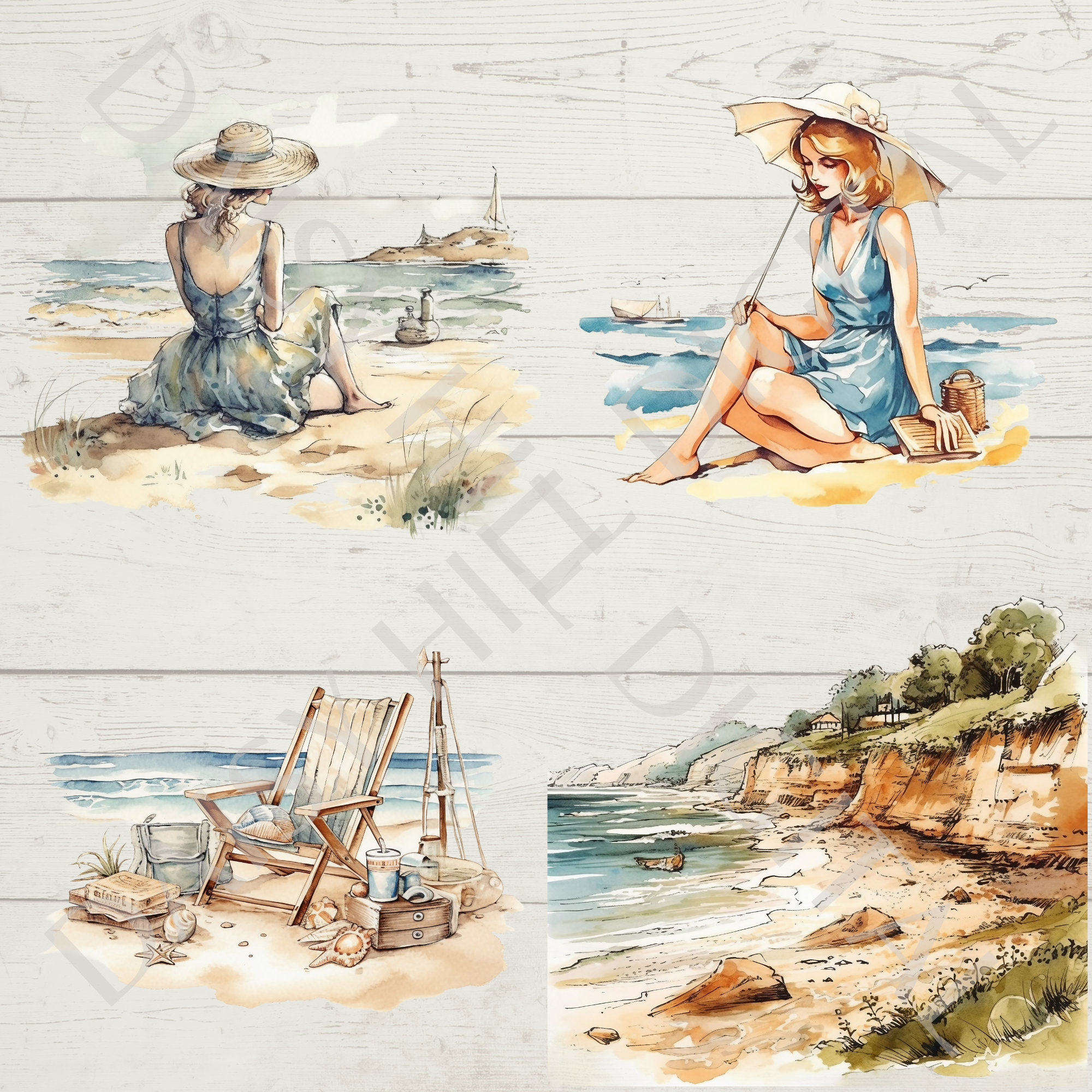 Vintage Watercolour Beach Clipart, Digital Download, Beach Background ...