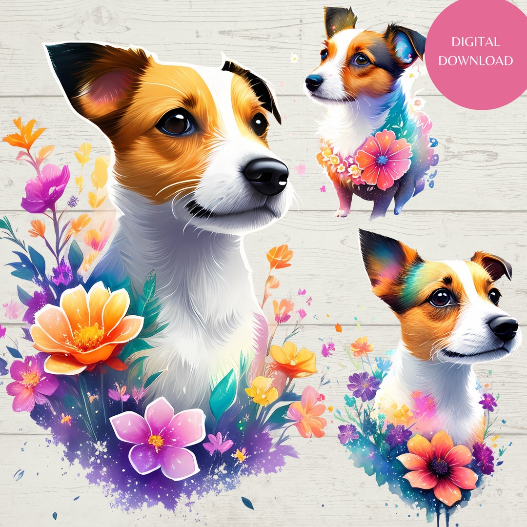 Watercolour Jack Russell Puppy Clipart Bundle Floral Dogs Bundle ...