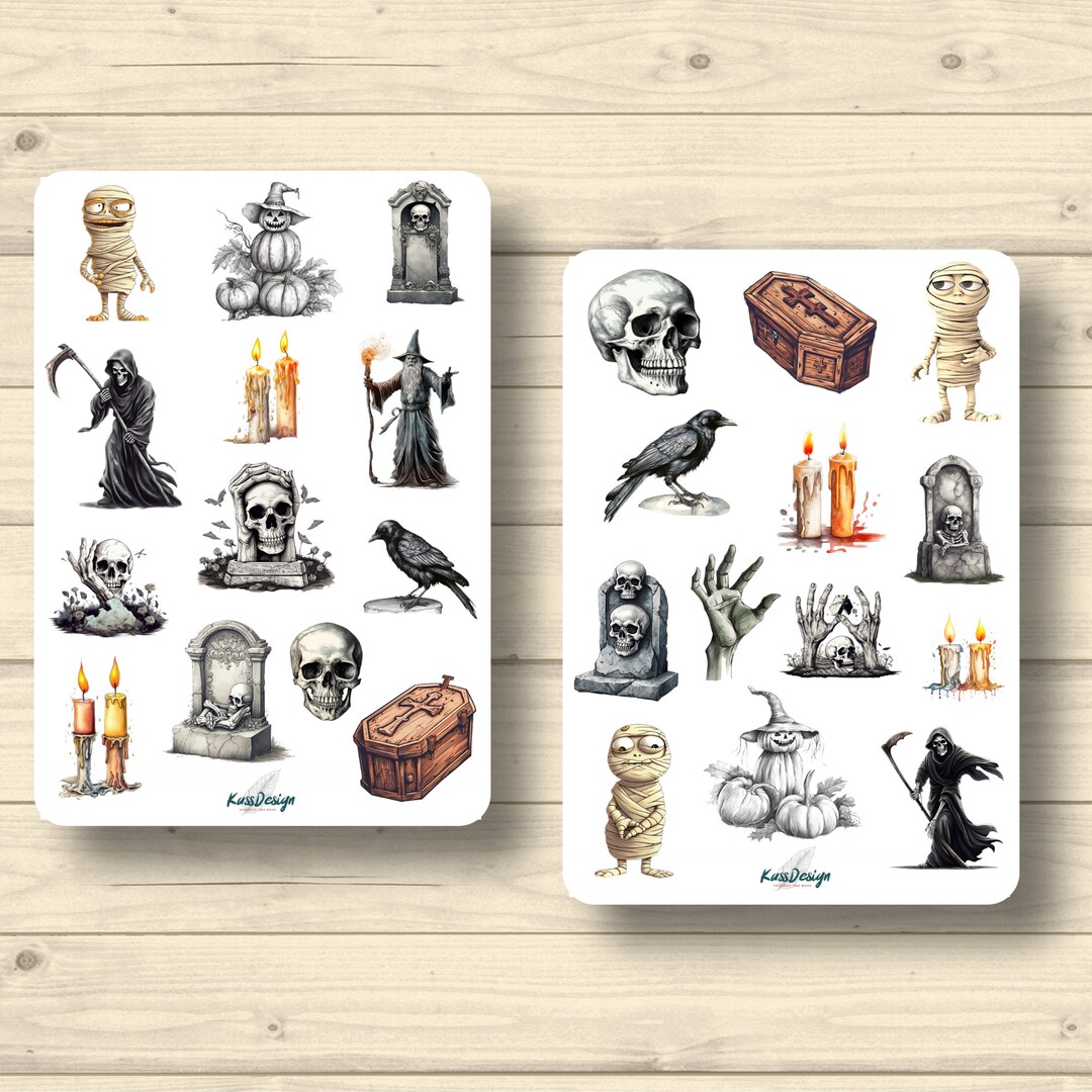Sticker Set Halloween Gothic Mummy Coffin Gravestone Candles Skull ...