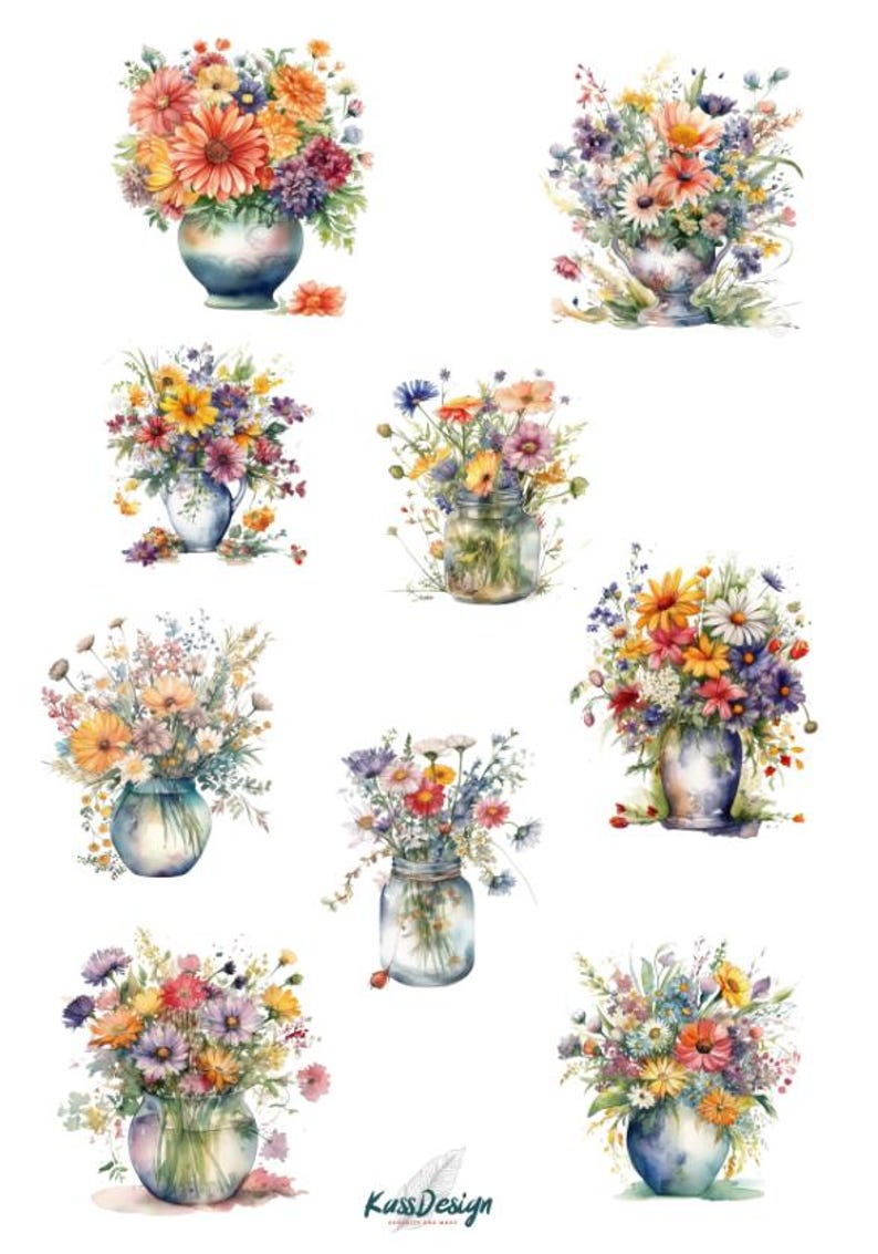Flower Bouquet Sticker Set – 2 Sheets With Watercolor Wildflowers ...
