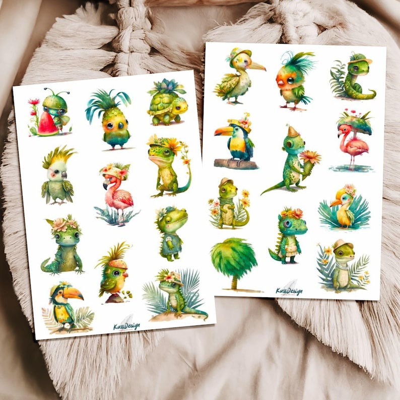 Tropical Animals Sticker Set – 2 Sheets With Watercolor Jungle Motifs ...