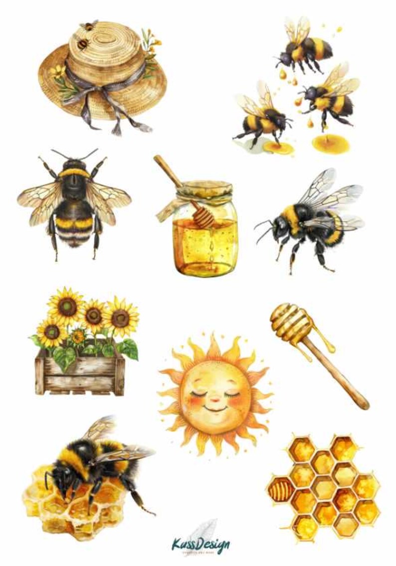 Bee Sticker Set – 2 Sheets With Watercolor Honey, Honeycomb, Sunflowers ...