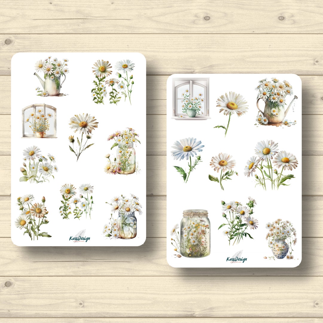 Sticker Set Daisies Window Vases Bouquets Watering Can, Sticker Planner ...