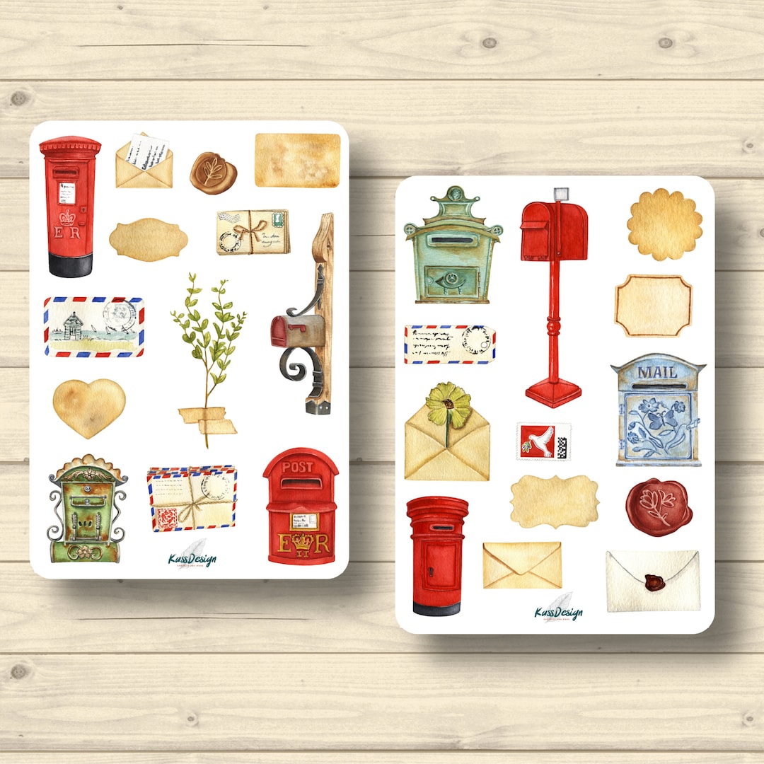 Sticker Set Vintage Mailboxes Envelopes Airmail Labels, Sticker Planner ...