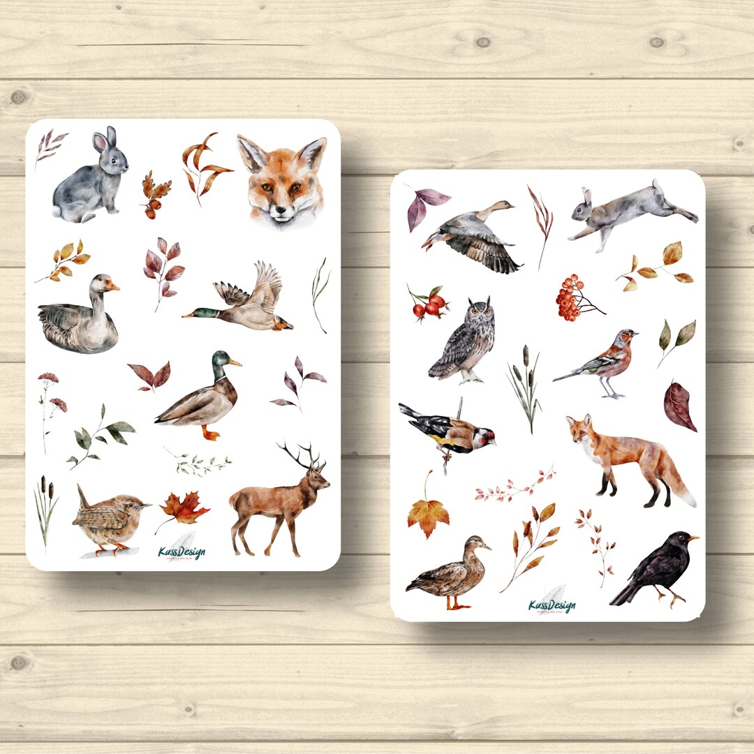 Sticker Set Forest Animals Birds Fox Rabbit Duck Deer Plants, Stickers ...