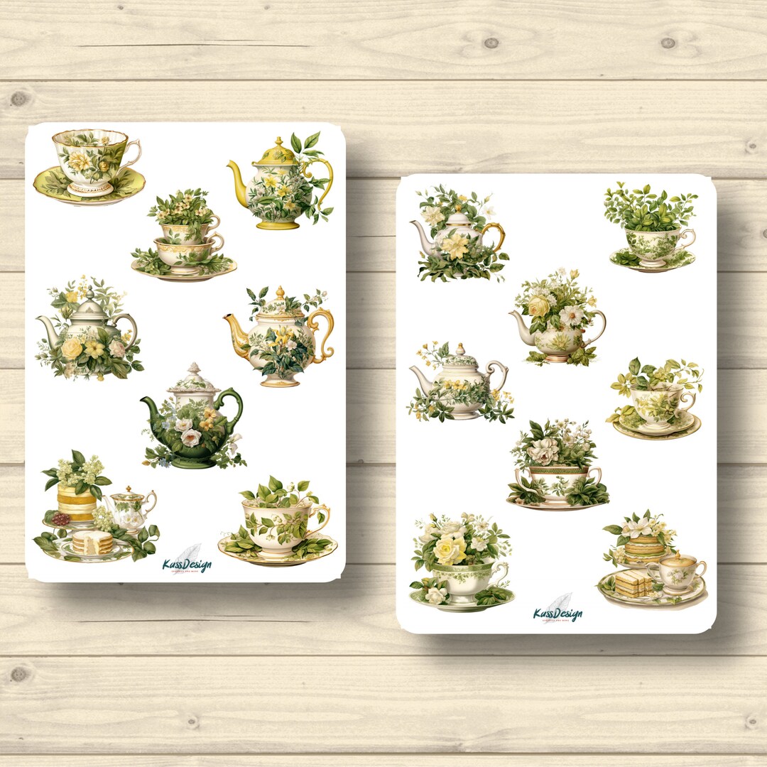 Sticker Set Teetassen und Kannen mit Pflanzen Teepflanzen Teeblätter ...