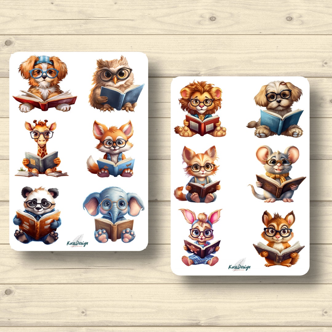 Sticker Set Cute Animals With Books Kids Stickers, Stickers Planner ...