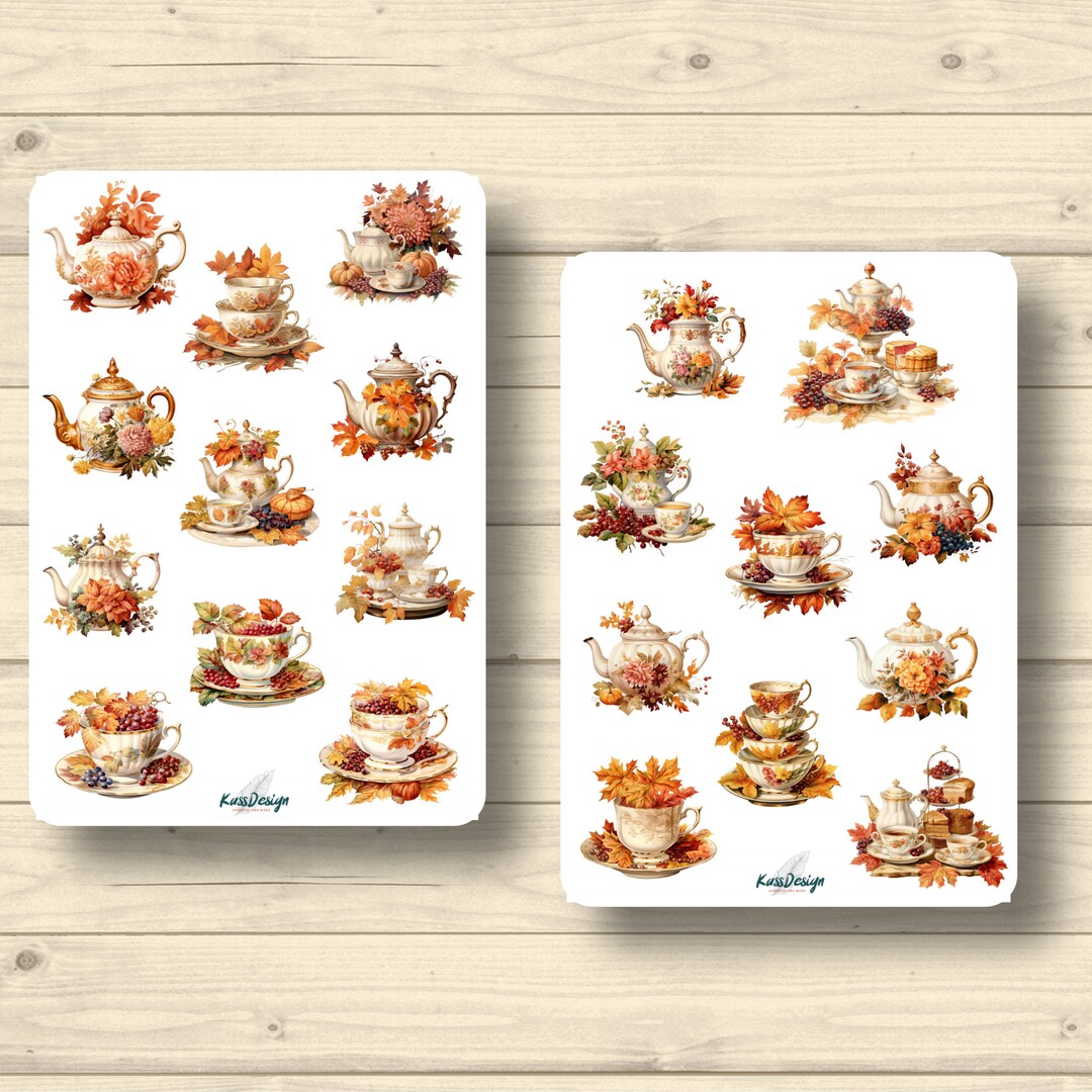 Sticker Set Tea Dishes Autumn Leaves Grapes Cups Teapots, Stickers ...