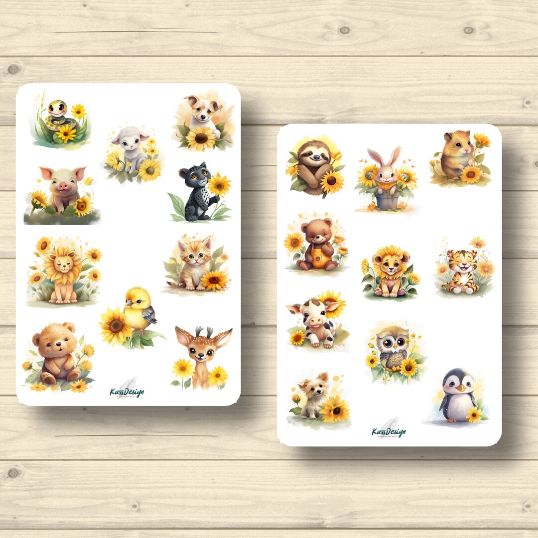 Sticker Set, Cute Baby Animals With Sunflowers Children's Stickers ...