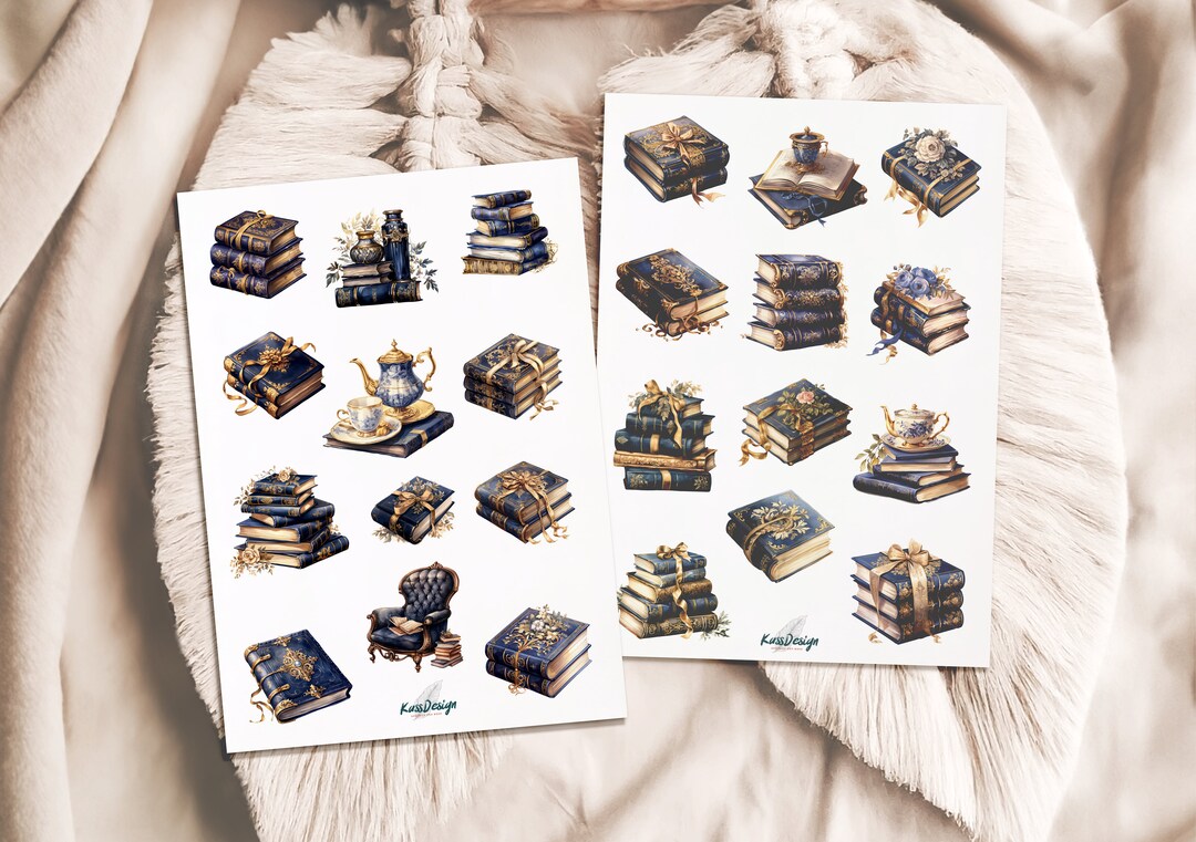 Sticker Set Vintage Books in Blue and Gold - Etsy