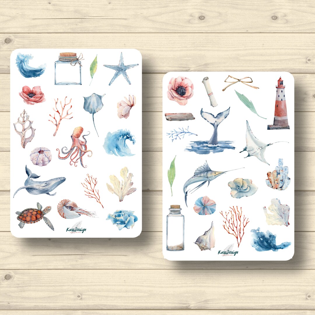 Sticker Set Ocean Sea Whale Octopus Manta Ray Coral Algae Water Waves ...