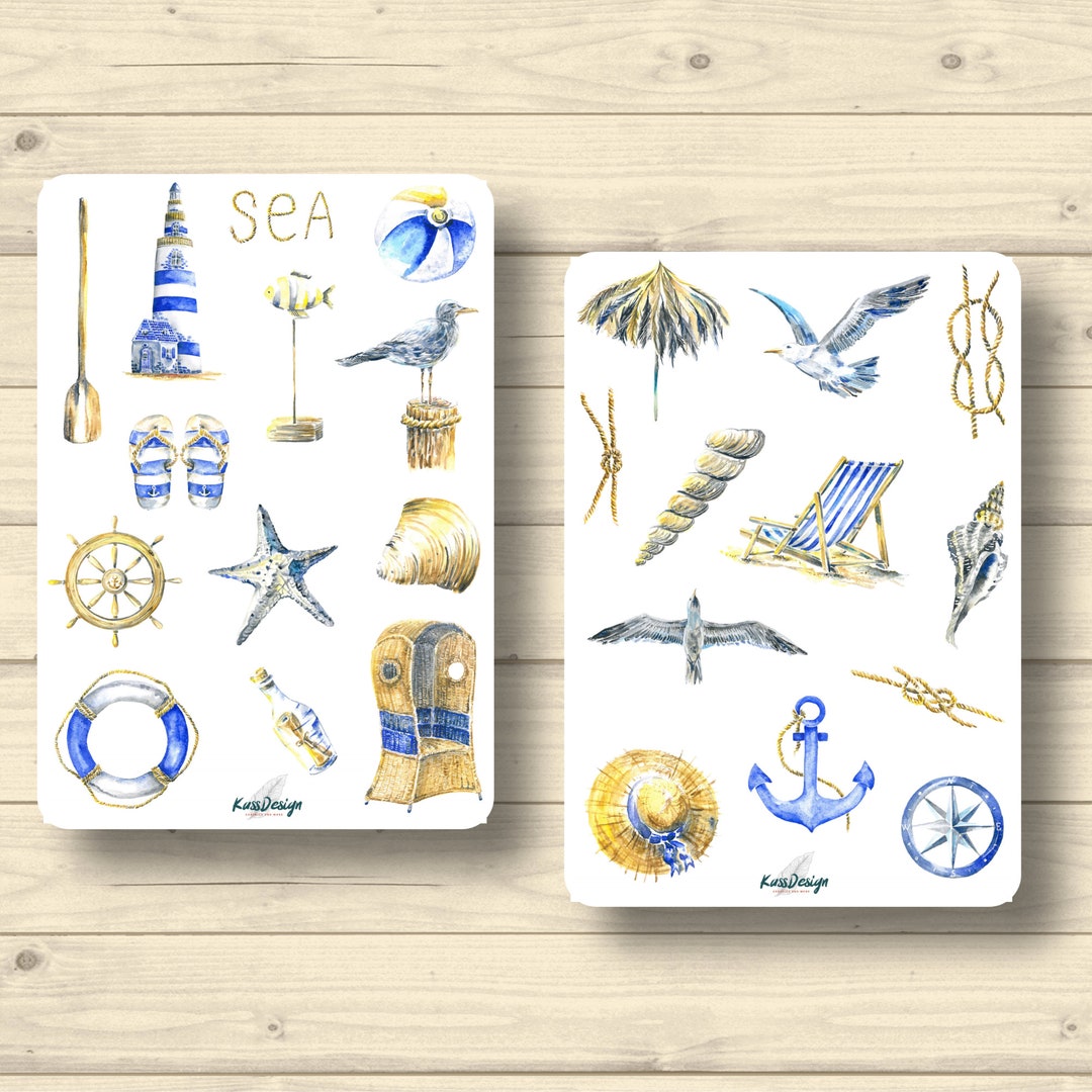 Sticker Set, Summer Vacation, Beach, Sea, Seagull, Starfish, Maritime ...