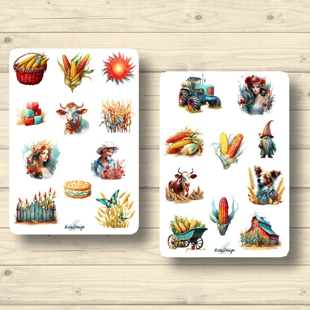 Sticker Set Corn Corn Cob Corn Field Cow Harvest Grain Farm Farmer ...