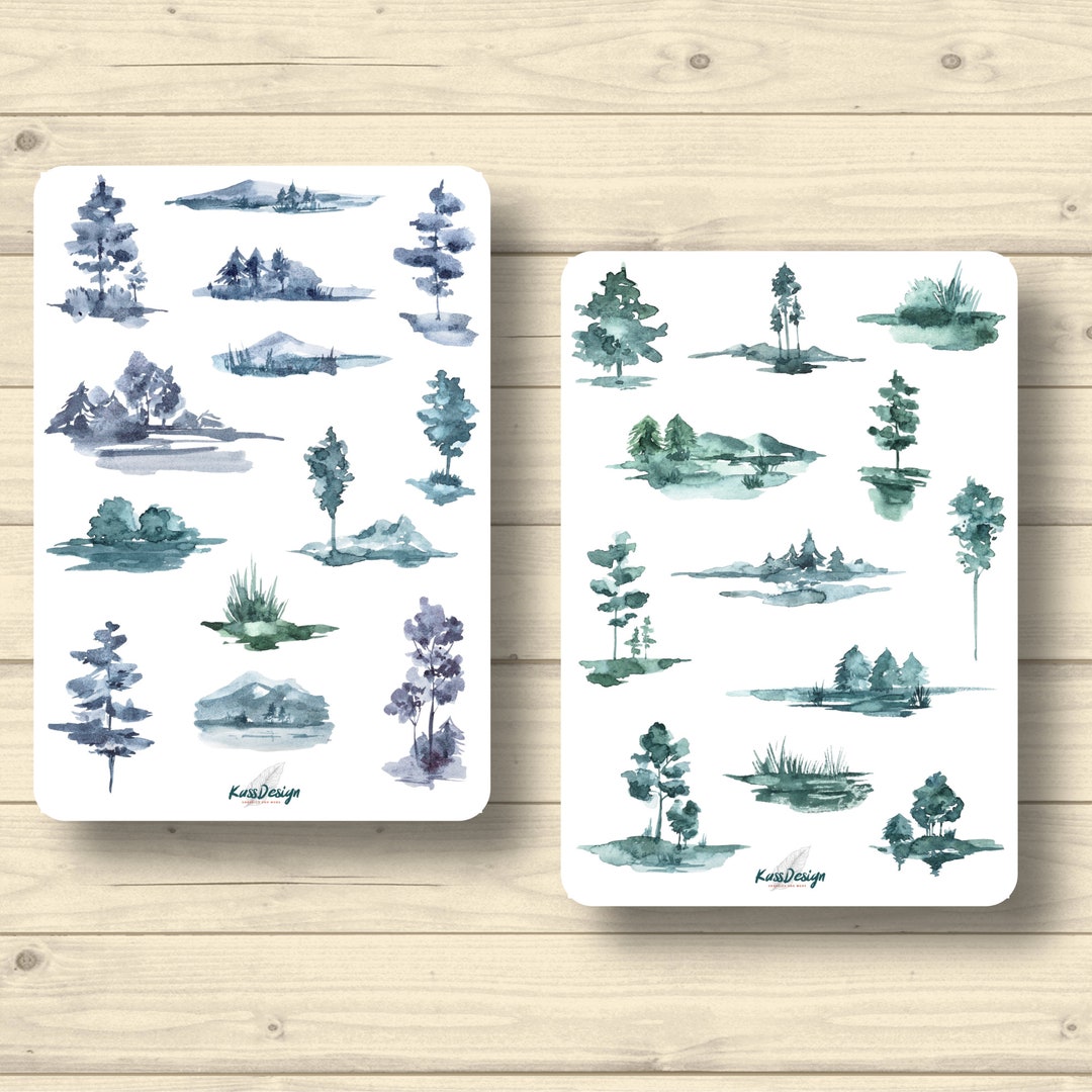 Sticker Set Landscapes Watercolor Nature Trees Mountains Glaciers Fir ...