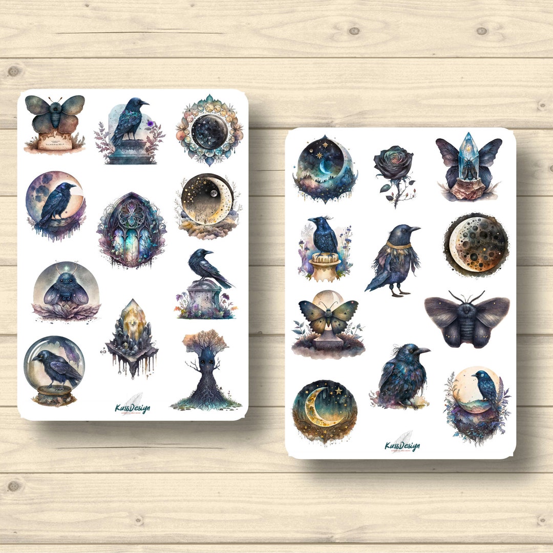 Sticker Set Gothic Ravens Halloween Moths Moon Glass Ball Crystal ...