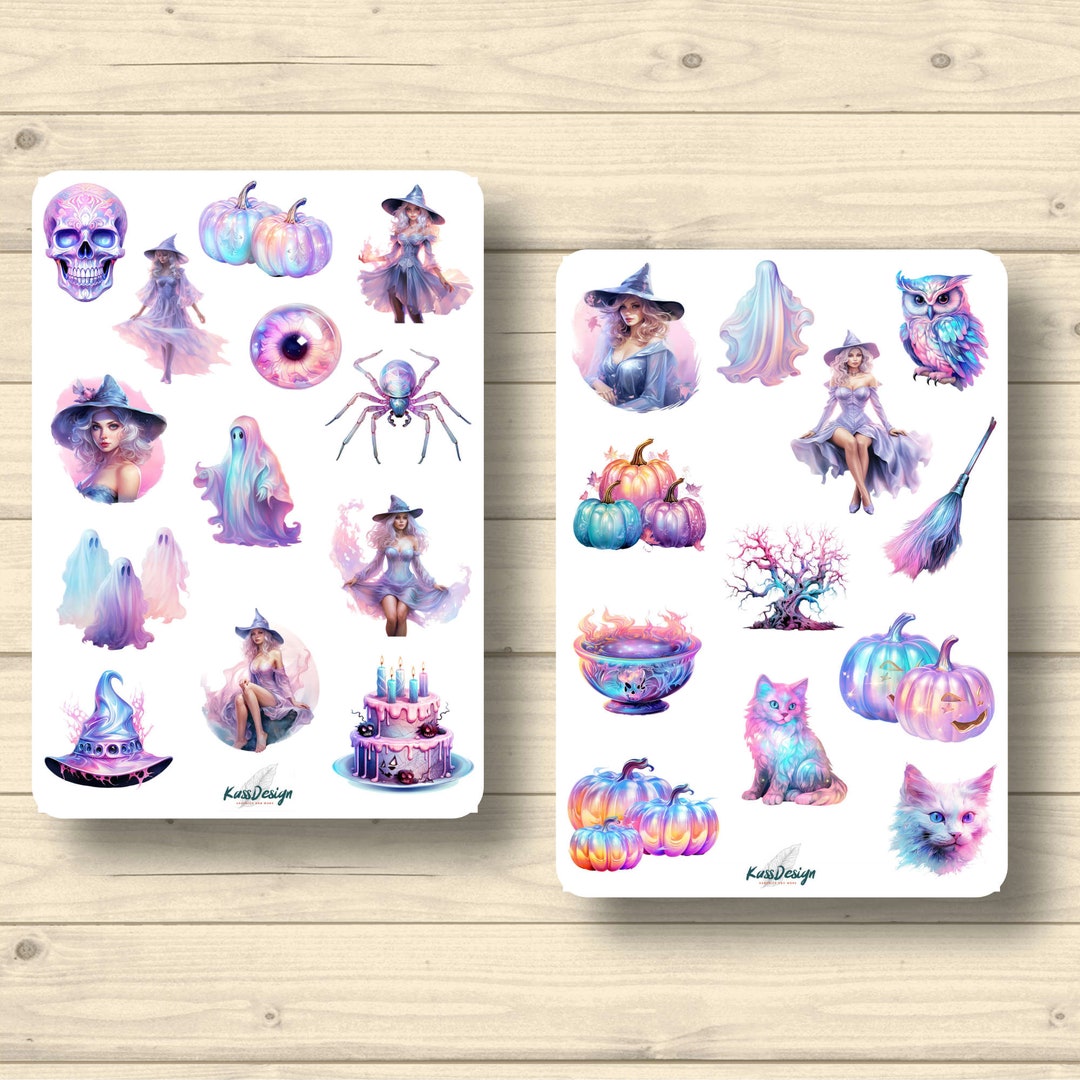 Sticker Set Halloween Pastel Purple Pink Witch Ghosts Pumpkins Spider ...