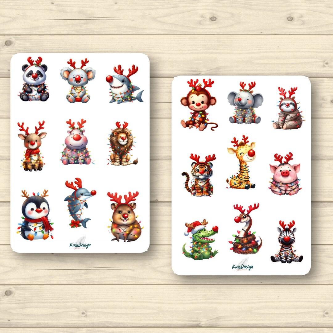 Sticker Set of Cute Animals With Red Noses and Fairy Lights - Etsy
