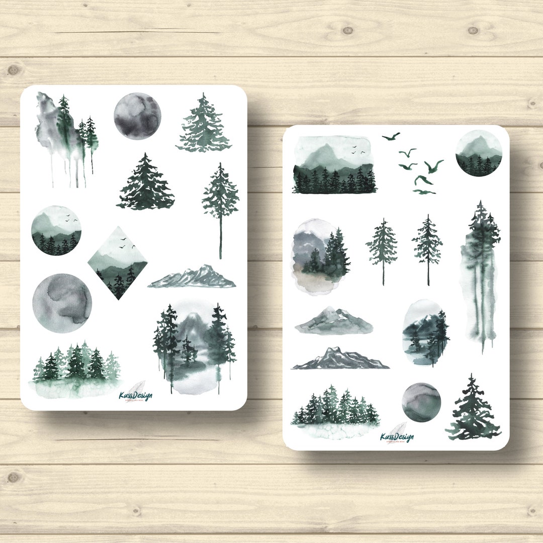 Sticker Set, Watercolor Forest, Fog, Mountains, Hiking, Stickers ...