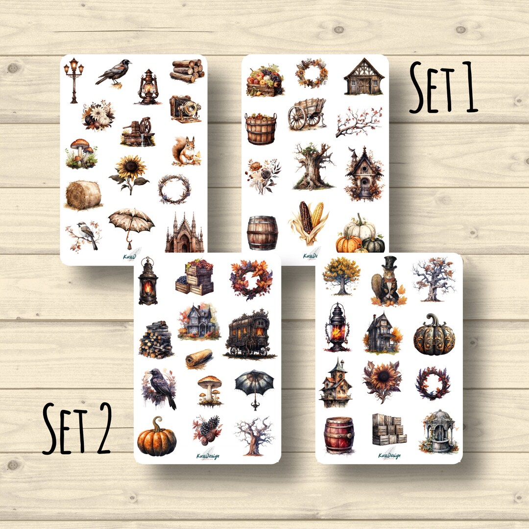 Sticker Sets Autumn Gothic Pumpkin Chapel Houses Grain Sunflowers, 2 ...
