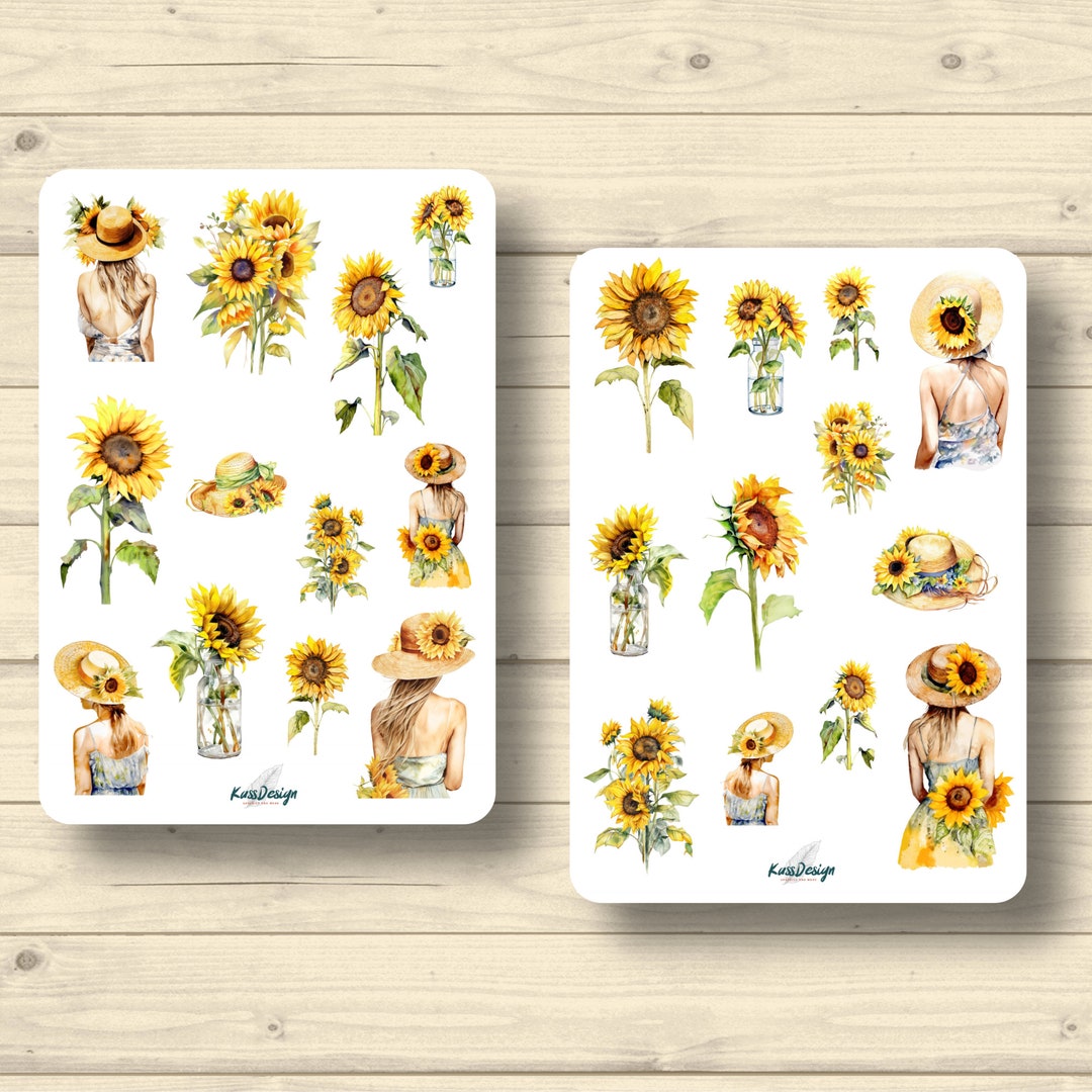 Sticker Set Sunflowers Girl Summer Flowers Sun Hat Stickers Planner ...