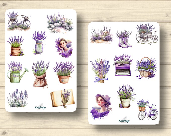 Sticker Set Lavender Lavender Landscapes Bouquets Lavender Bicycle Girl ...