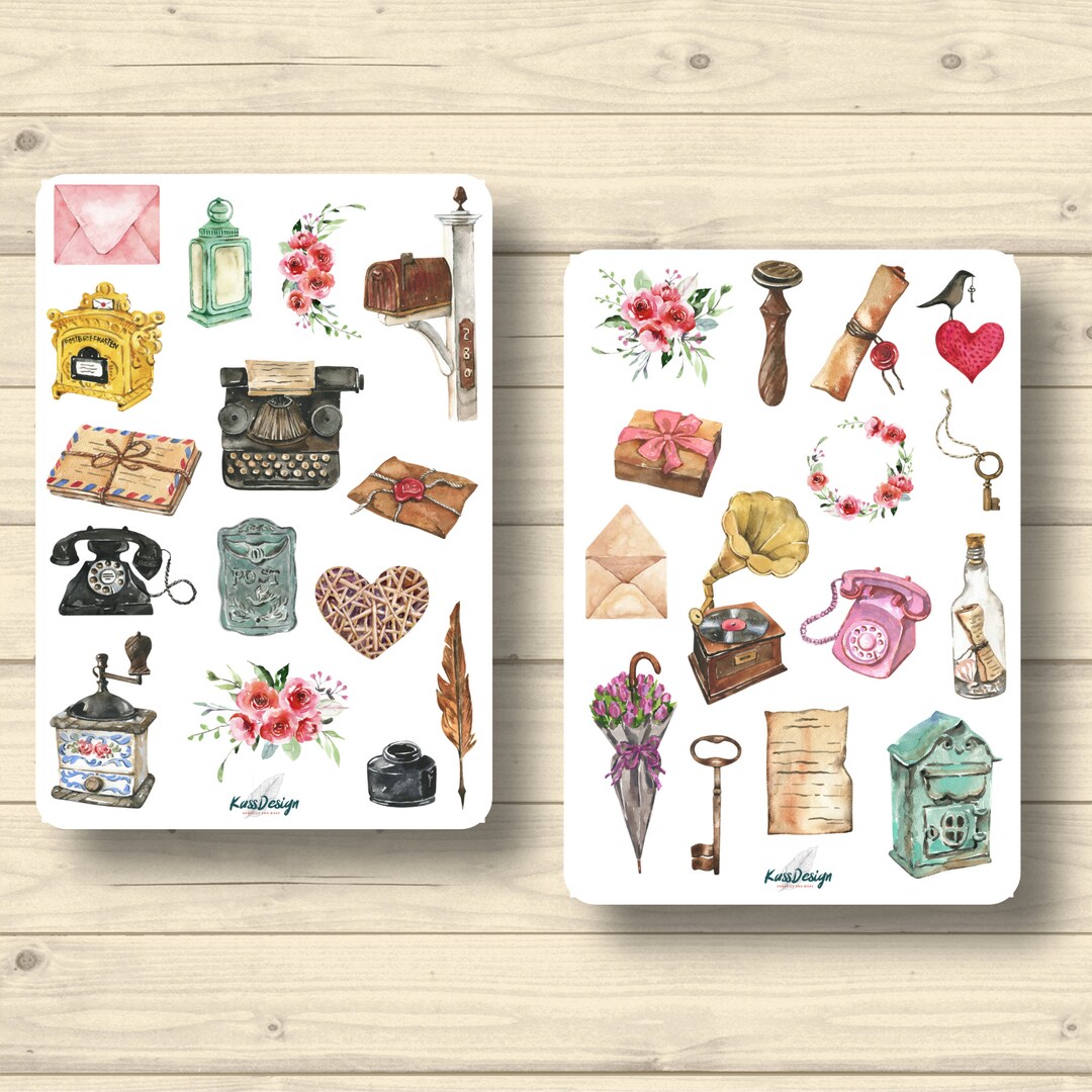 Sticker Set, Vintage Mail Typewriter Inkwell Letters Postbox Telephone ...