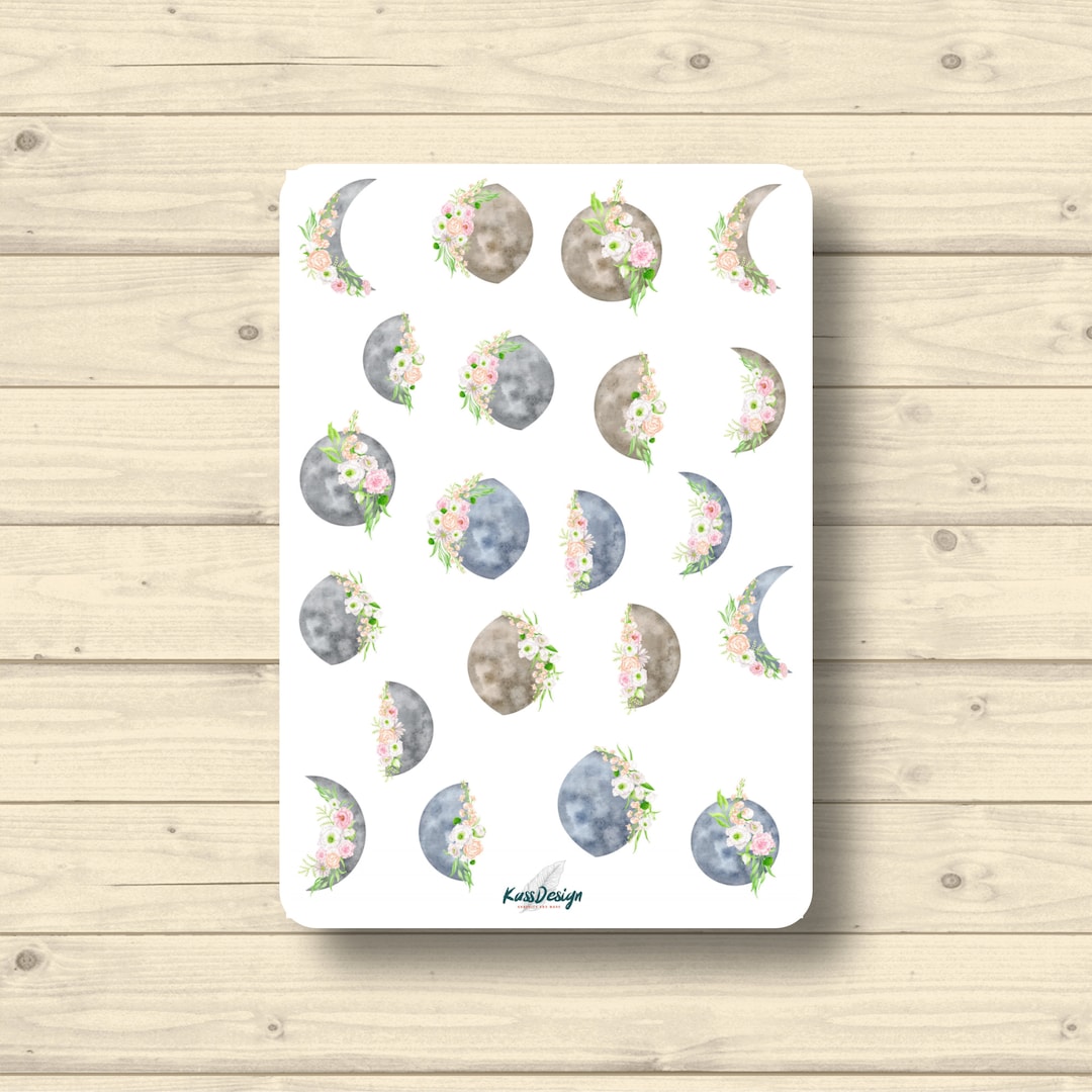 Sticker Sheet, Moon Phases With Flowers, Sticker Planner Stickers, Cute ...