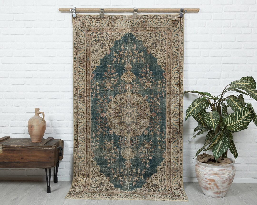 4x6 Vintage Wool Rug, Dark Blue Turkish Rug, Oushak Rug, Anatolian Rug ...