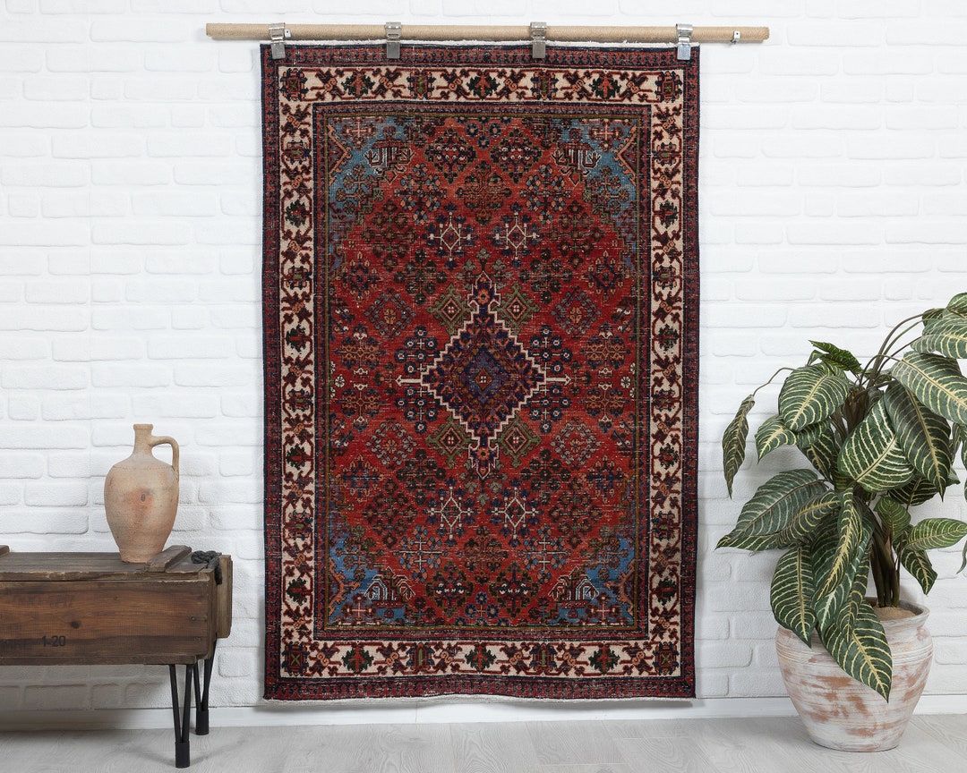 4x5 Persian Rug, Red Vintage Rug, Antique Handmade Rug, Mahal Rug ...