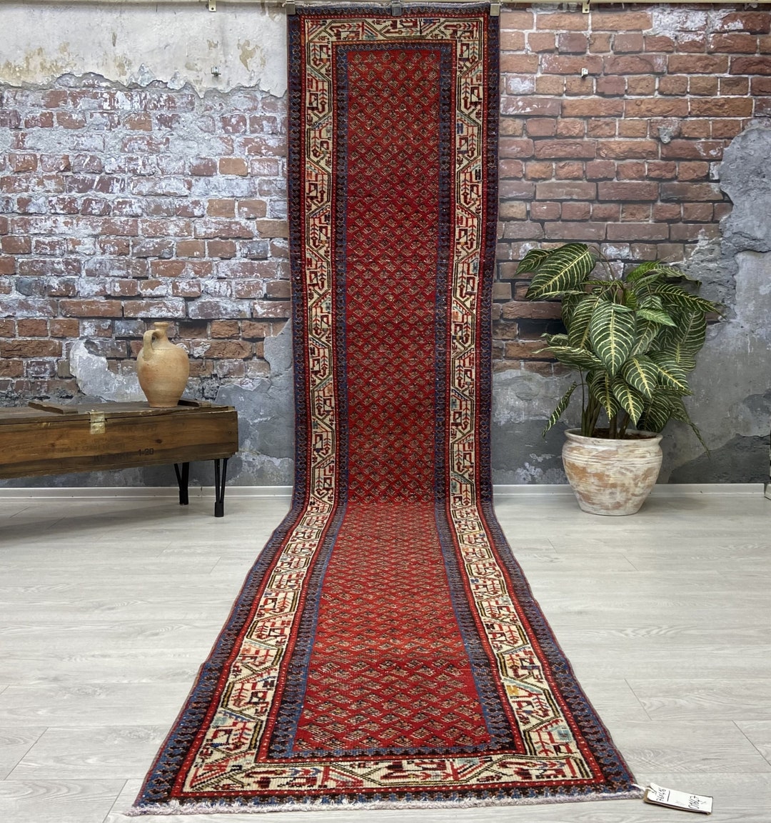 Vintage Red Persian Runner Rug: Handmade Wool Anatolian Hallway Rug (2 ...