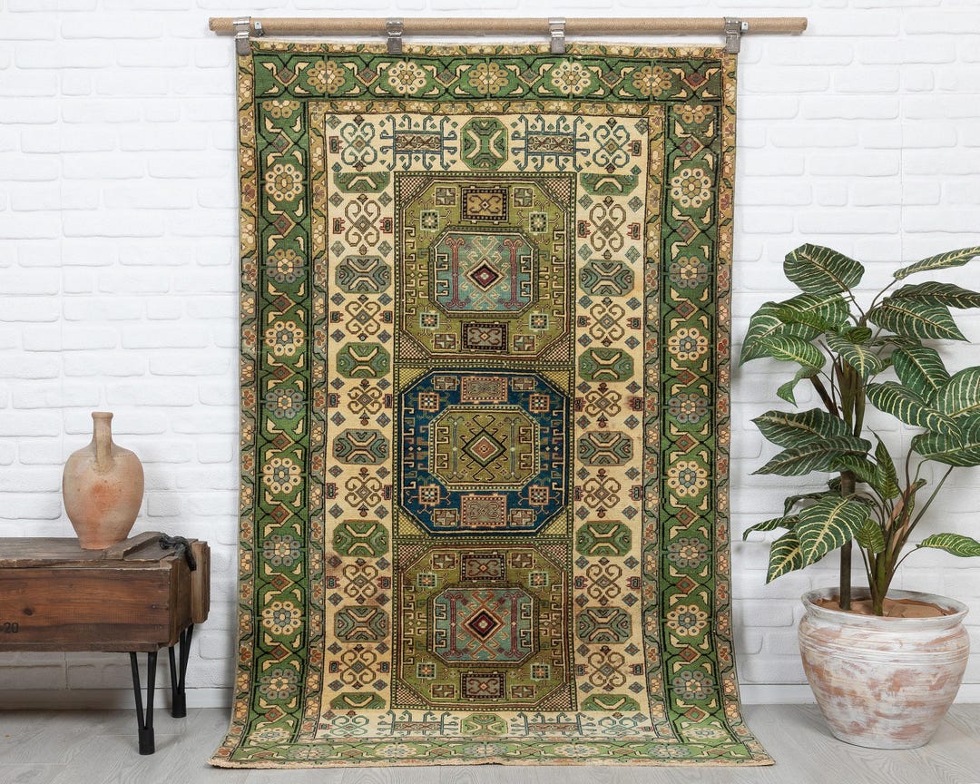 4x7 Vintage Rug, Green Rug, Antique Handmade Rug, Turkish Kayseri Rug ...
