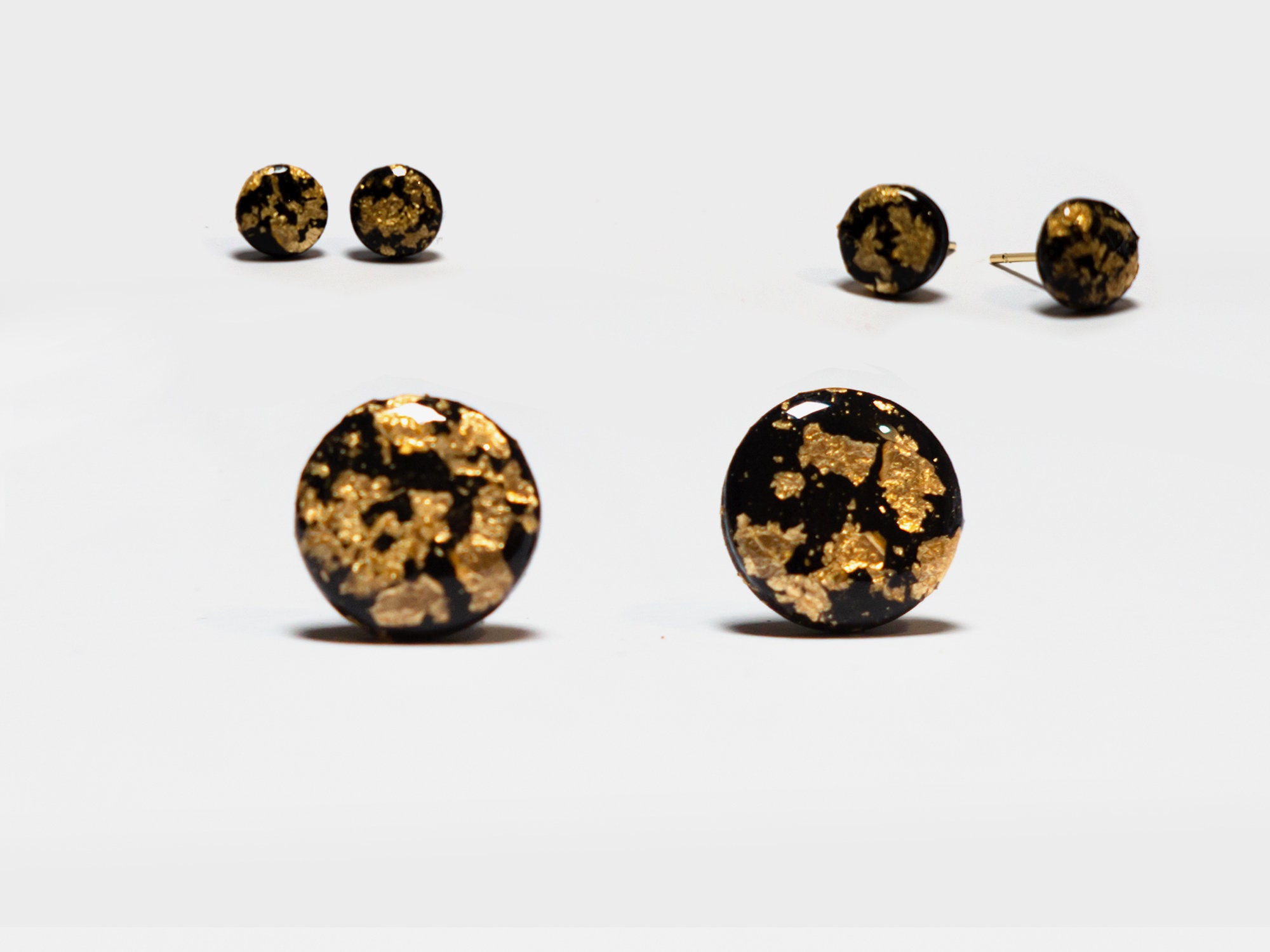 Black / Gold Leaf Crackle Polymer Clay Earrings Studs | Round Circle ...