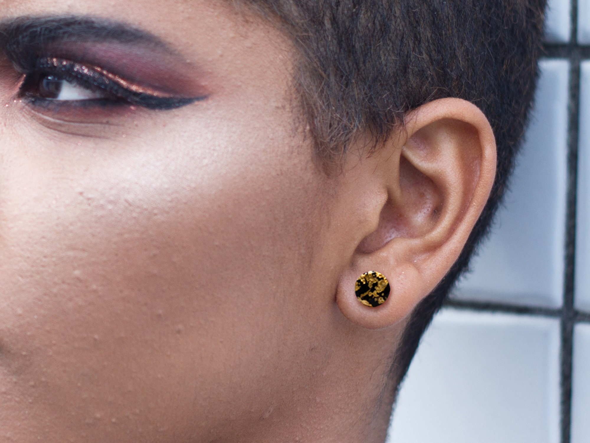 Black / Gold Leaf Crackle Polymer Clay Earrings Studs | Round Circle ...
