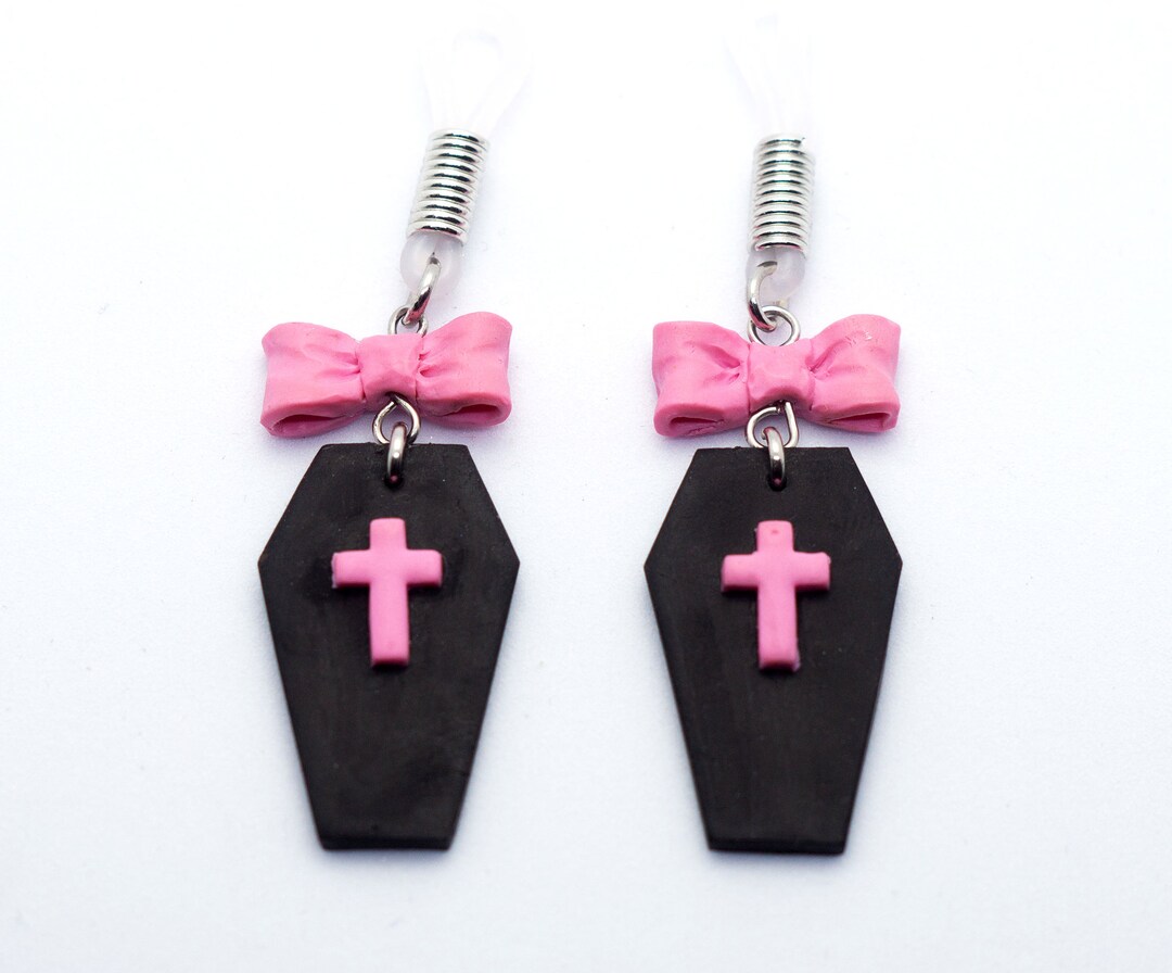 Pastel Goth Pink and Black Bow / Coffin Glasses Chain Dangle Charms ...
