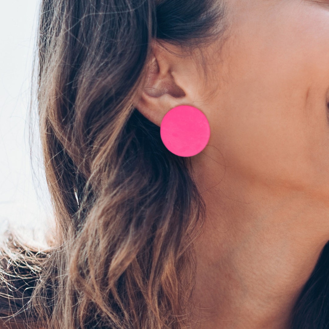 Large Neon Hot Pink Round Circle Polymer Clay Earrings Studs | Handmade ...
