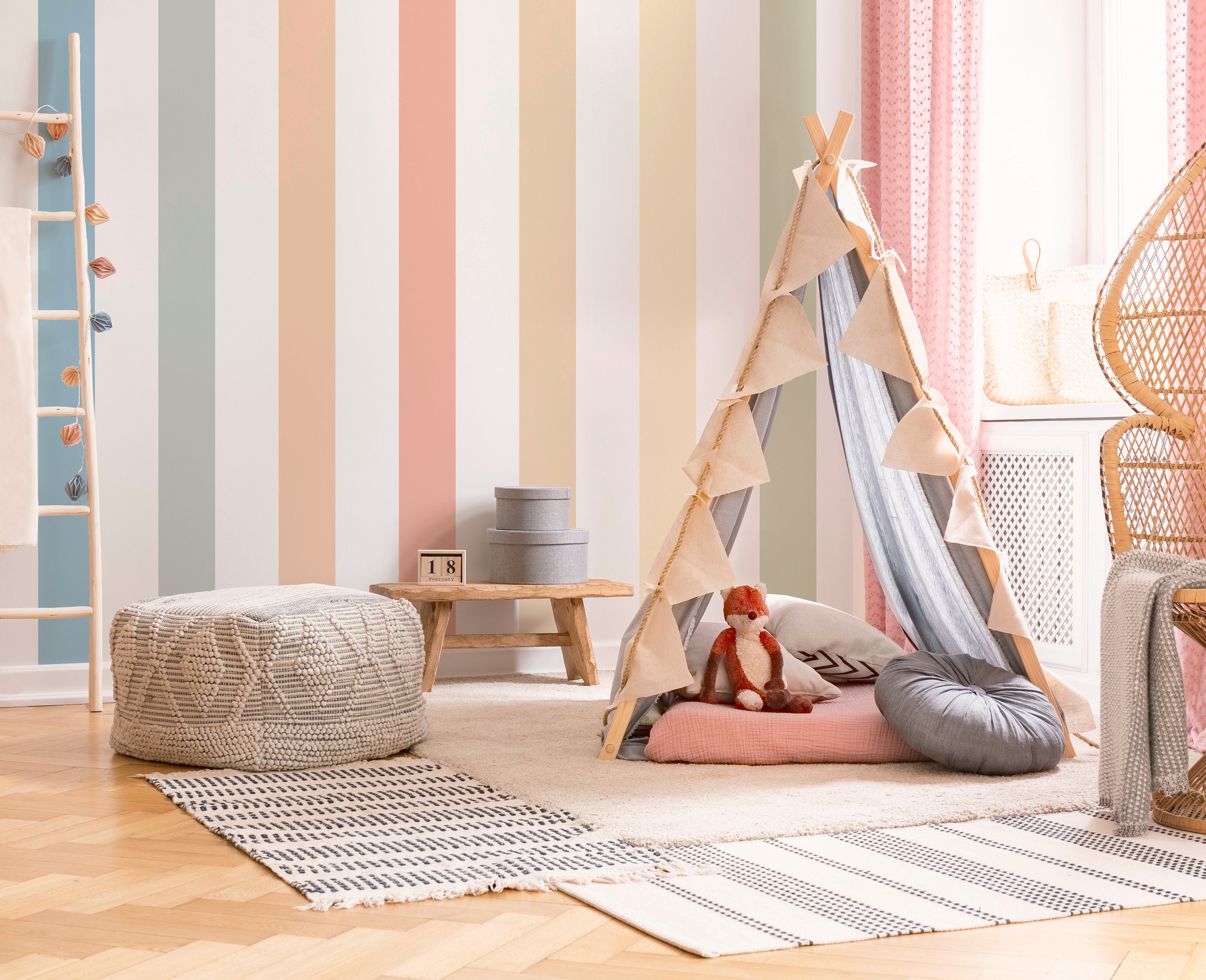 Room Wall Decal, Kids Room Rainbow Stripes Art, Removable Wall Decals ...
