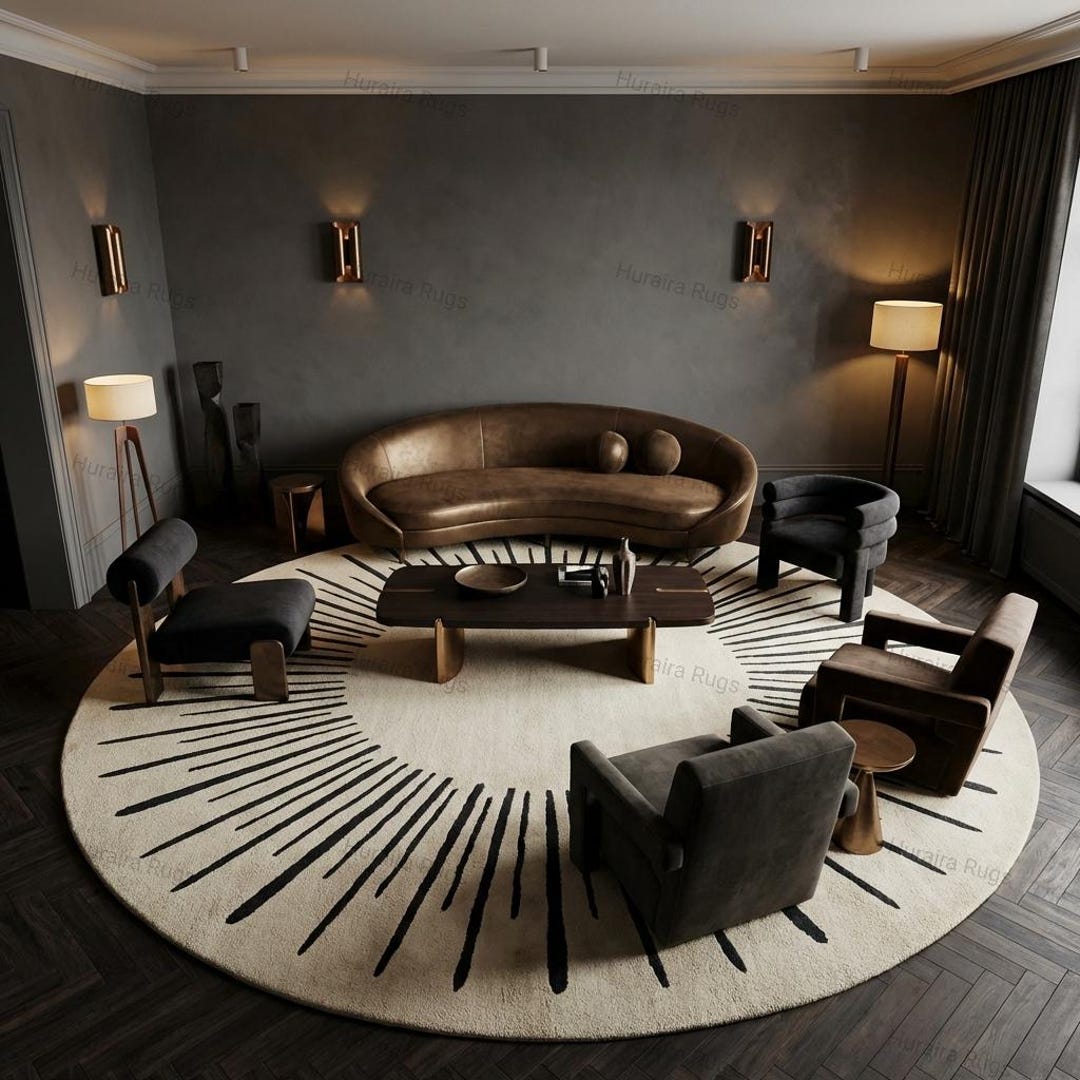 Round Wool Rug: Beige Black Sunburst, Hand Tufted, Modern 8x8 Area Rug ...