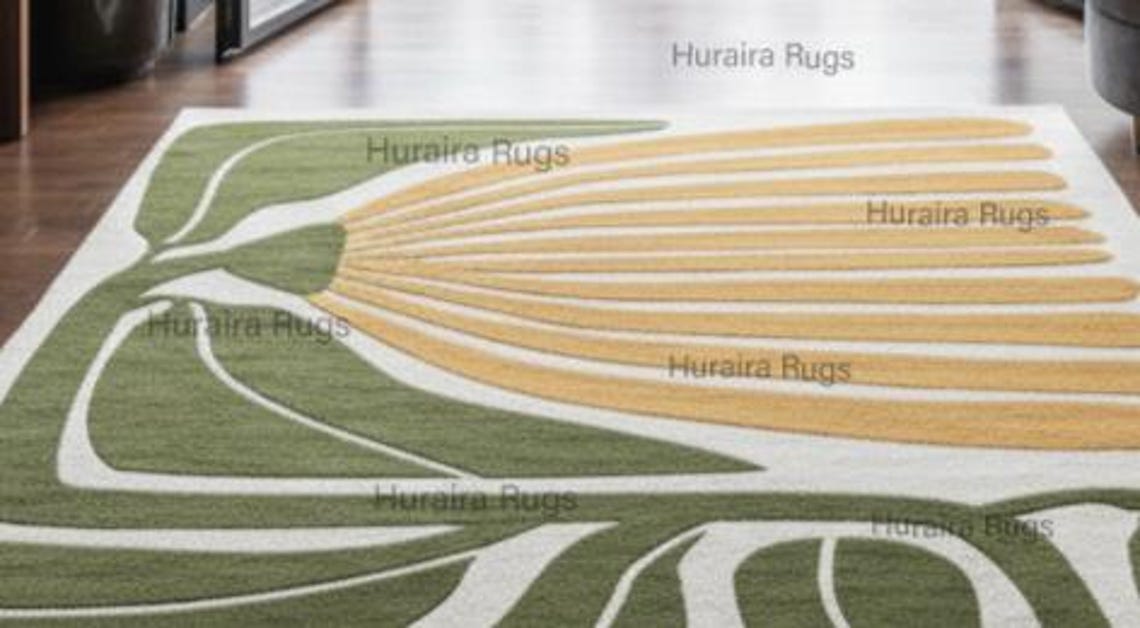 Hand Tufted Rug Green Yellow Wool: 8x10 Floral Abstract Botanical ...