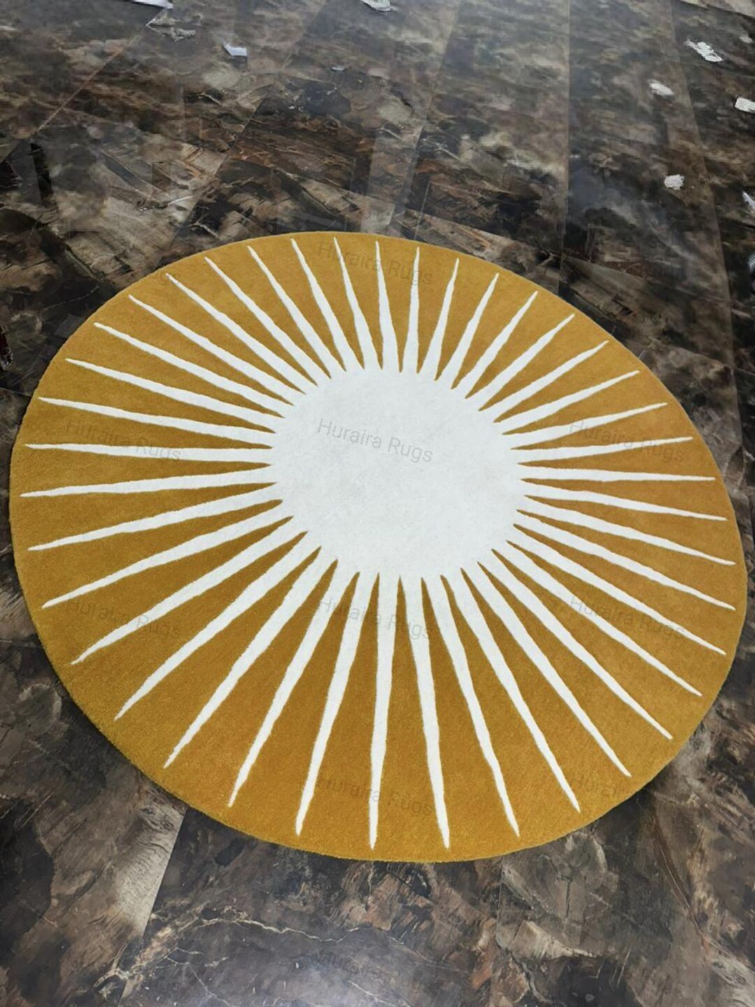 Round Wool Sunburst Rug: Mustard Yellow White Tufted Geometric 7x7 ...