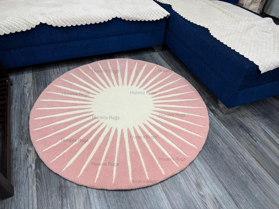 Hand Tufted Rug Pink Cream Sunburst 5x5 Ft Modern Pastel Round Carpet ...