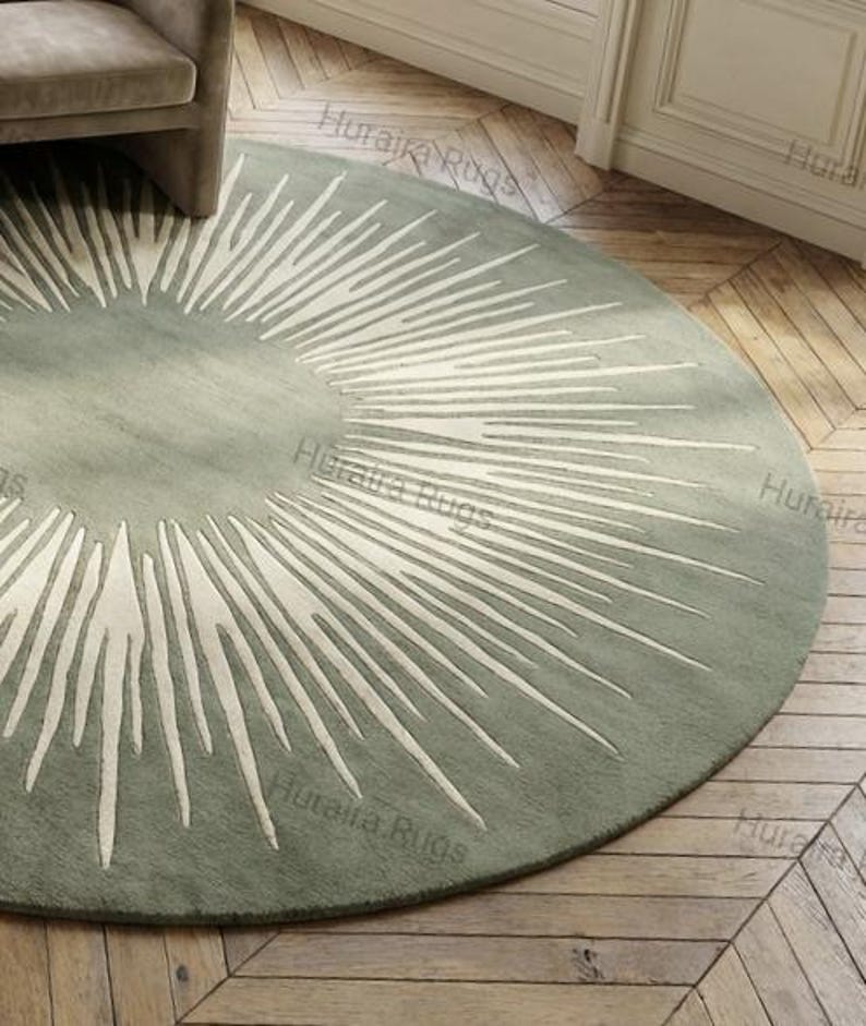 Round Wool Sunburst Rug: Hand-tufted Green Abstract 8x8 Luxury Carpet ...
