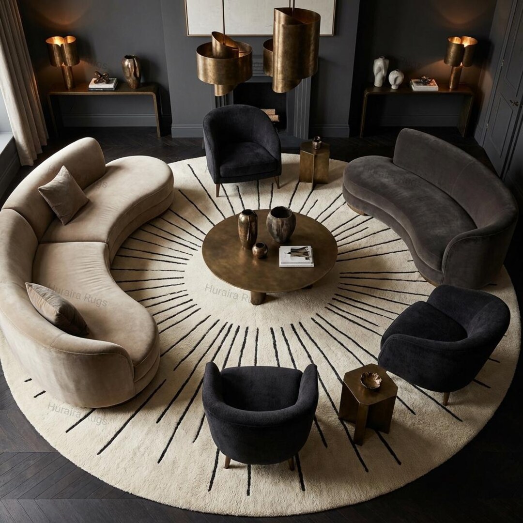 8x8 Sunburst Rug, Cream Black Wool, Modern Handmade Round Area Carpet ...